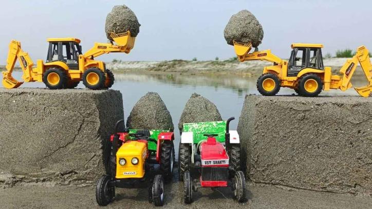 Toy Tractors and Diggers Build Sand Towers by the River